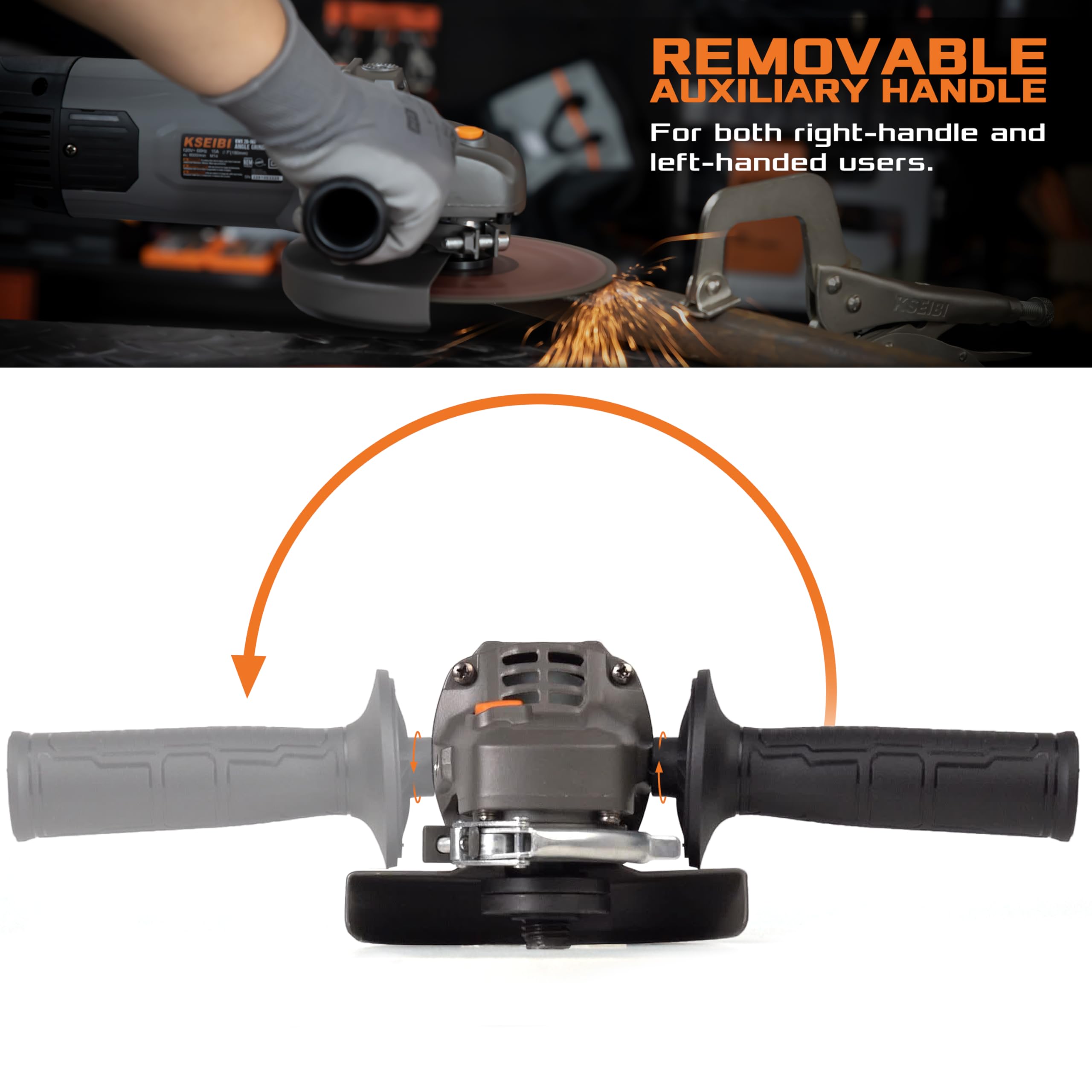 KSEIBI 711943K Angle Grinder Tool - 4 1/2 inch, 950W, 8Amps, 11000RPM, Corded Power Tools Long Handle with 7/8" Arbor Grinding and Cutting Wheels, Flap Disc, Quick Adjustable Guard, and Storage Bag