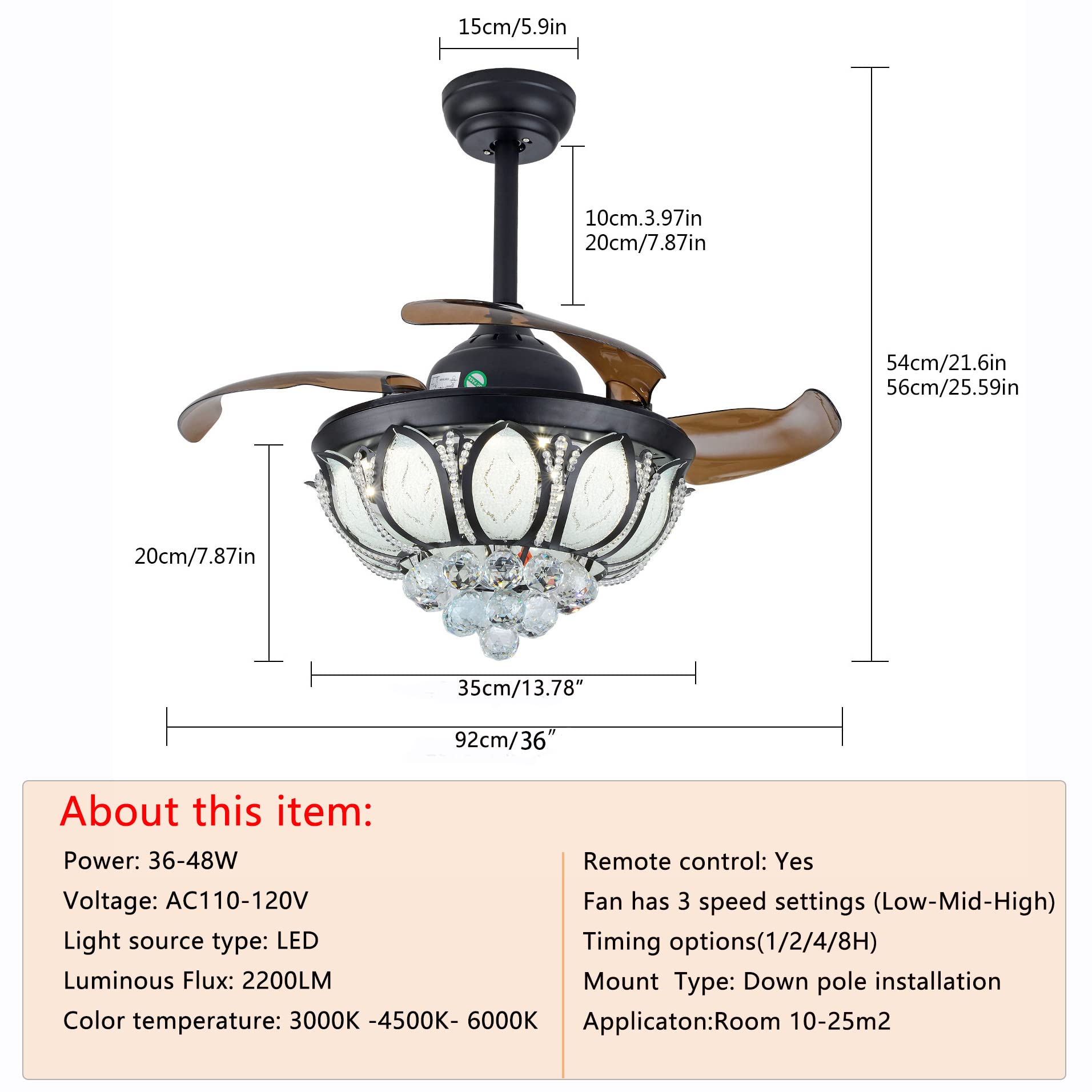 DYRABREST Invisible Ceiling Fan with Retractable Blades and Remote Control 36inch Ceiling Fan Light Covers Crystal Chandelier Fan Light Bladeless Ceiling Fan for Livingroom Bedroom Home (36 inch)