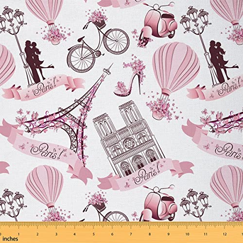Paris Upholstery Fabric by The Yard France Eiffel Tower Decorative Fabric Pink Butterfly Tower Waterproof Fabric Romance Couple Travel Theme Indoor Outdoor Fabric, 1 Yard, Pink White