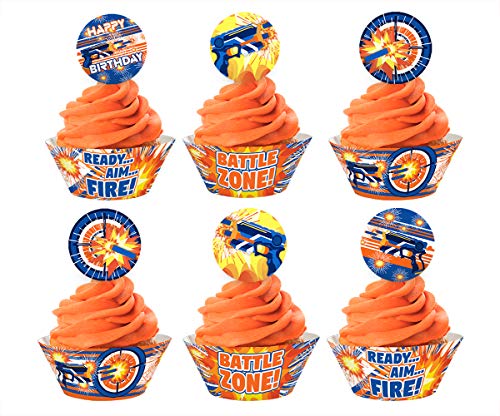 Dart War Cupcake Kit - 48 pieces - 24 Dart War Cupcake Toppers and 24 Cupcake Wrappers - Dart War Party Supplies - Dart War Party Decorations - Cupcake