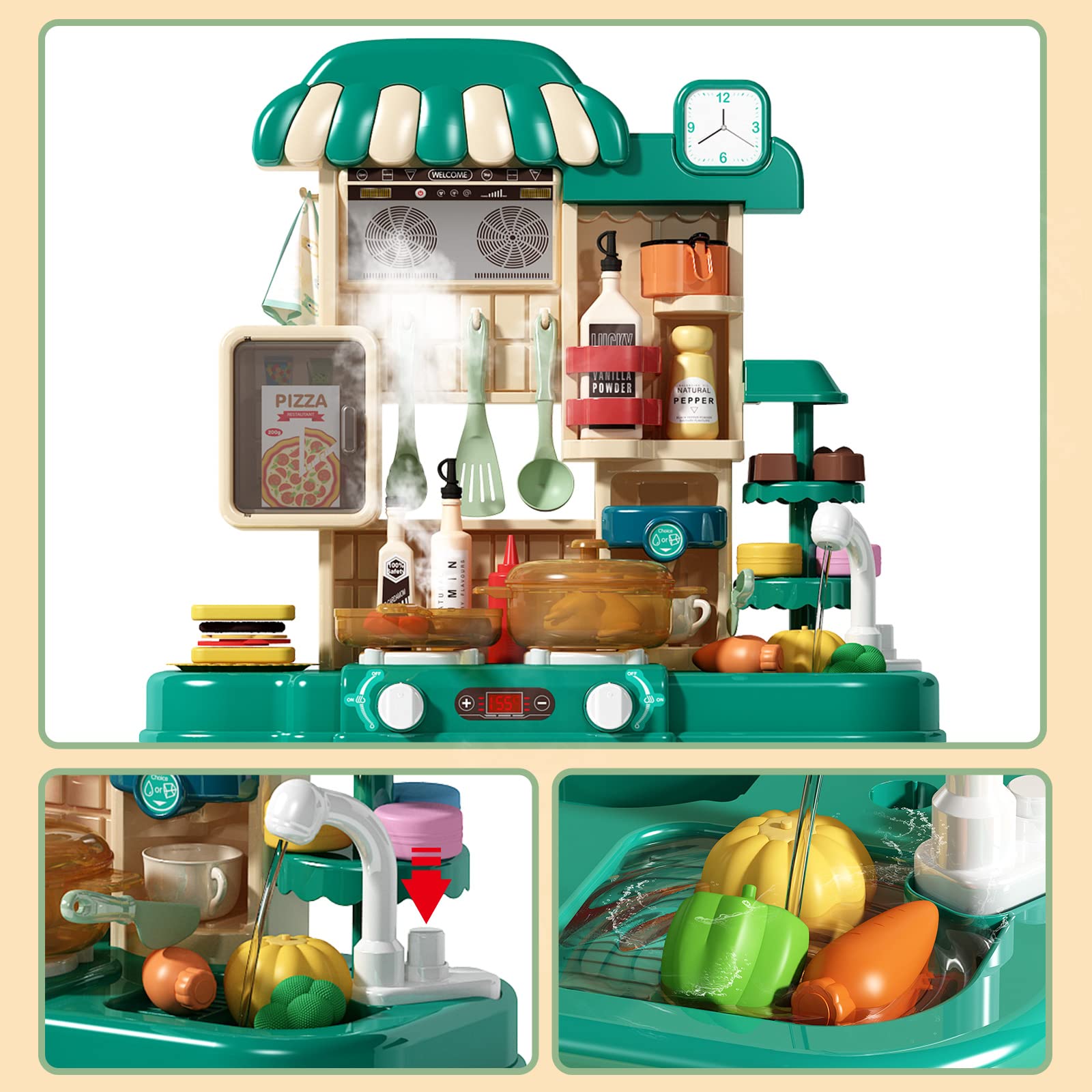 Deejoy Kitchen Playset,48Pcs for Boys and Girls, Kitchen Toys with Realistic Lights&Sounds, Simulation of Spray and Play Sink, Pretend Play Food with Toddler