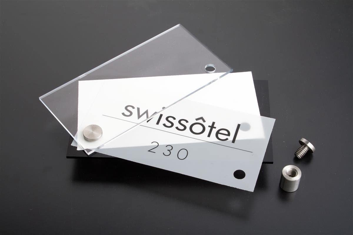 Displays2go Wall Mount Door Sign, 6x3", Stainless Standoffs, Custom Laser Printer Films (DSIGN63BK)