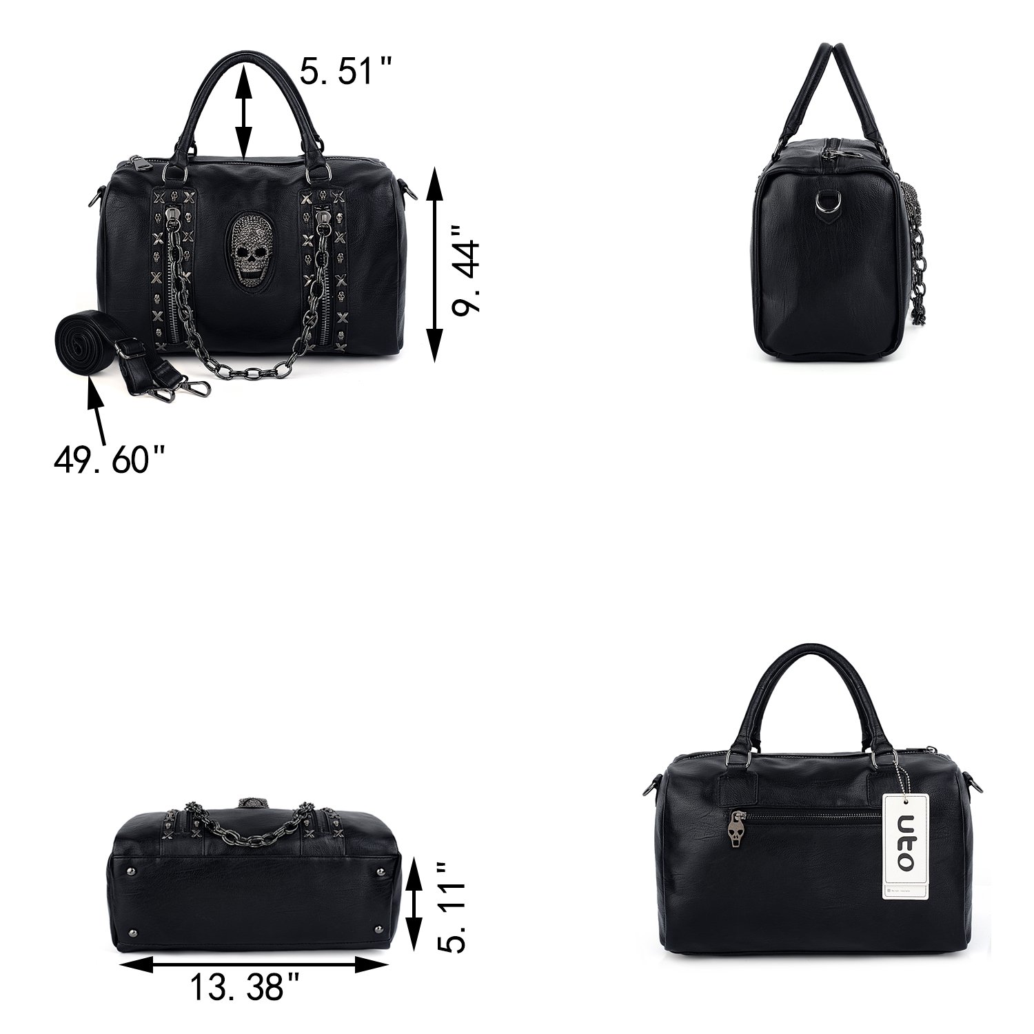 UTO Women Skull Tote Bag Rivet Studded Metal Chain Handbag PU Leather Purse Shoulder Bags 513A