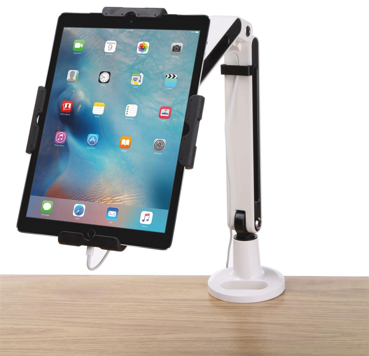 Displays2go, Tablet Desk Holder, Aluminum Construction, Locking Design β White, Black Finish (IPROFLXTDA)