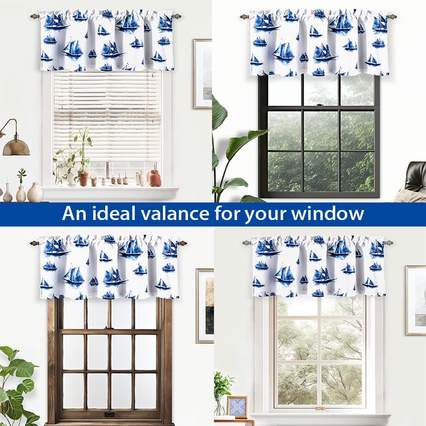 DriftAway Harbor Sailboat Ocean Print Blackout Thermal Insulated Window Curtain Valance Rod Pocket 52 Inch by 18 Inch Plus 2 Inch Header Navy