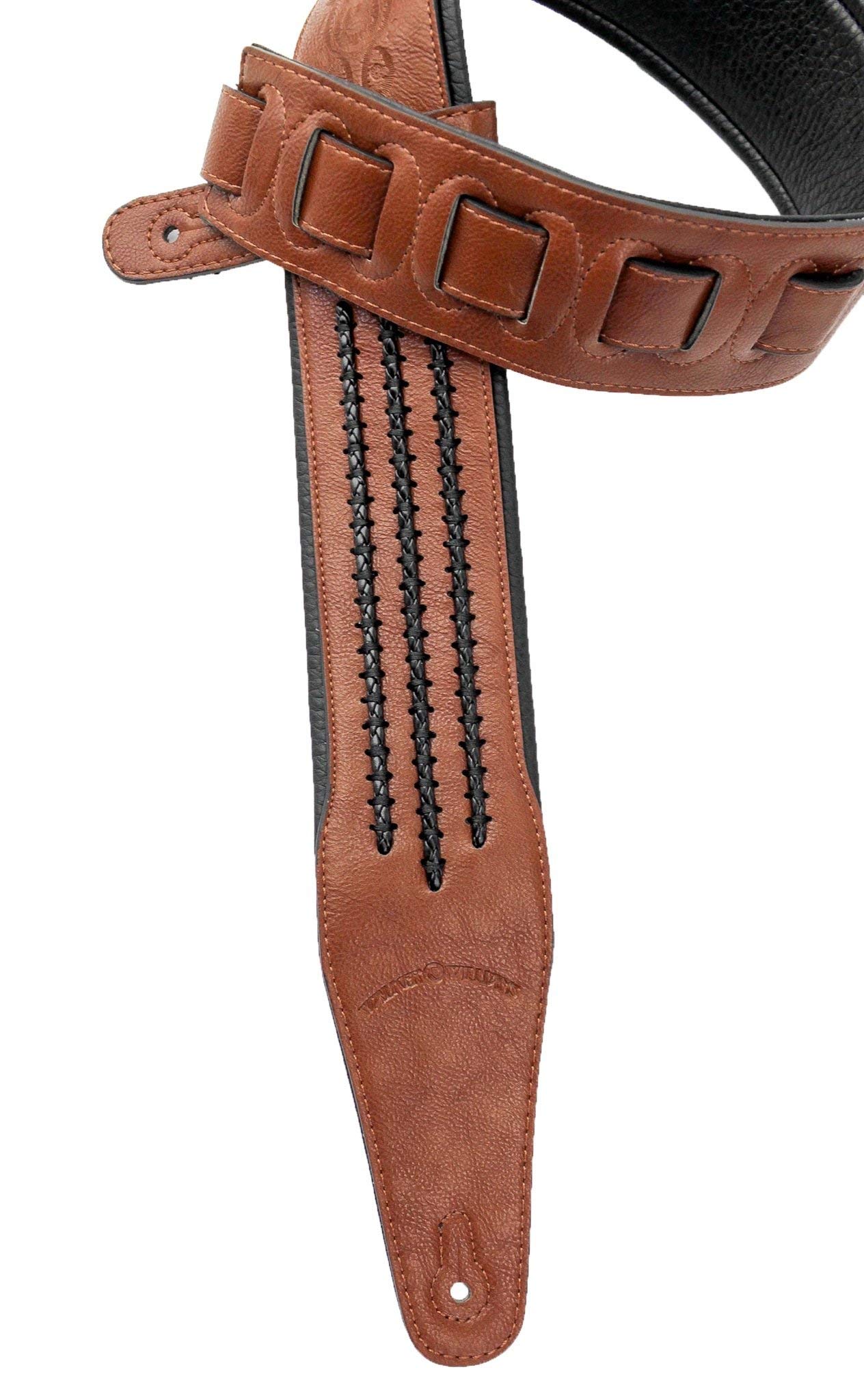 Walker & Williams G-556 London Tan Tooled Leather Strap with Leather Lacing For Acoustic, Electric, And Bass Guitars