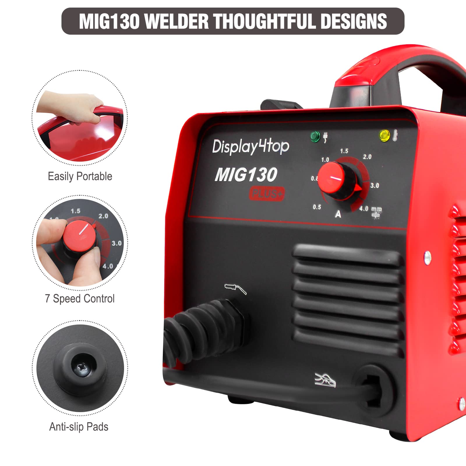display4top Mig Welder, 130A Portable Welding Machine, Flux Core Wire Welder, MIG 130 Automatic Feed Welding Machine Equipment with Mask - 110V (red)