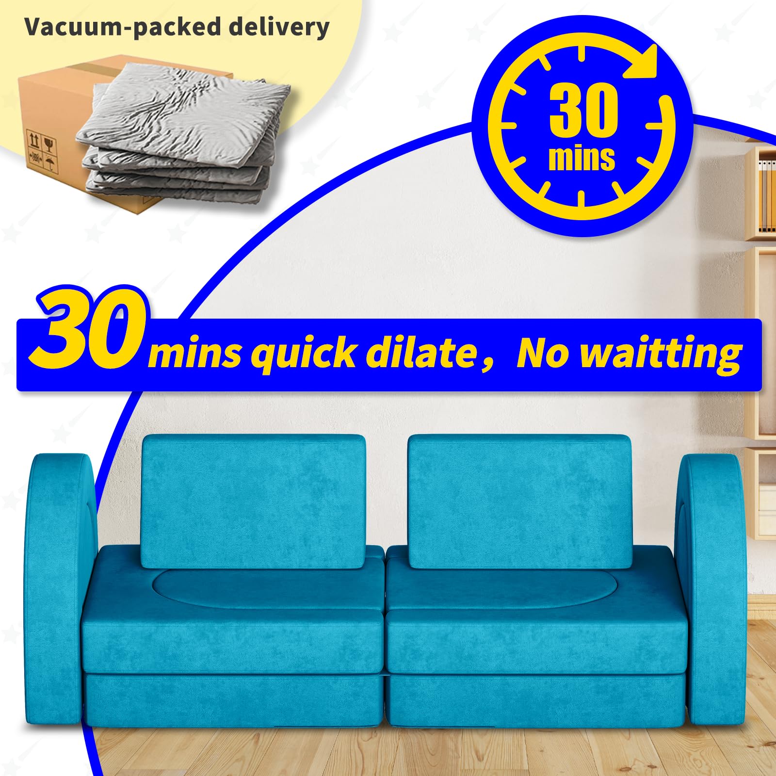 Kids Couch, 12PCS Modular Toddler Couch with 2 Triangular Cushions and 4 Arches, Fold Out Kids Couch for Playroom, Bedroom, Modular Kids Couch for Boys and Girls, Kids Play Couch for Kids (Blue)