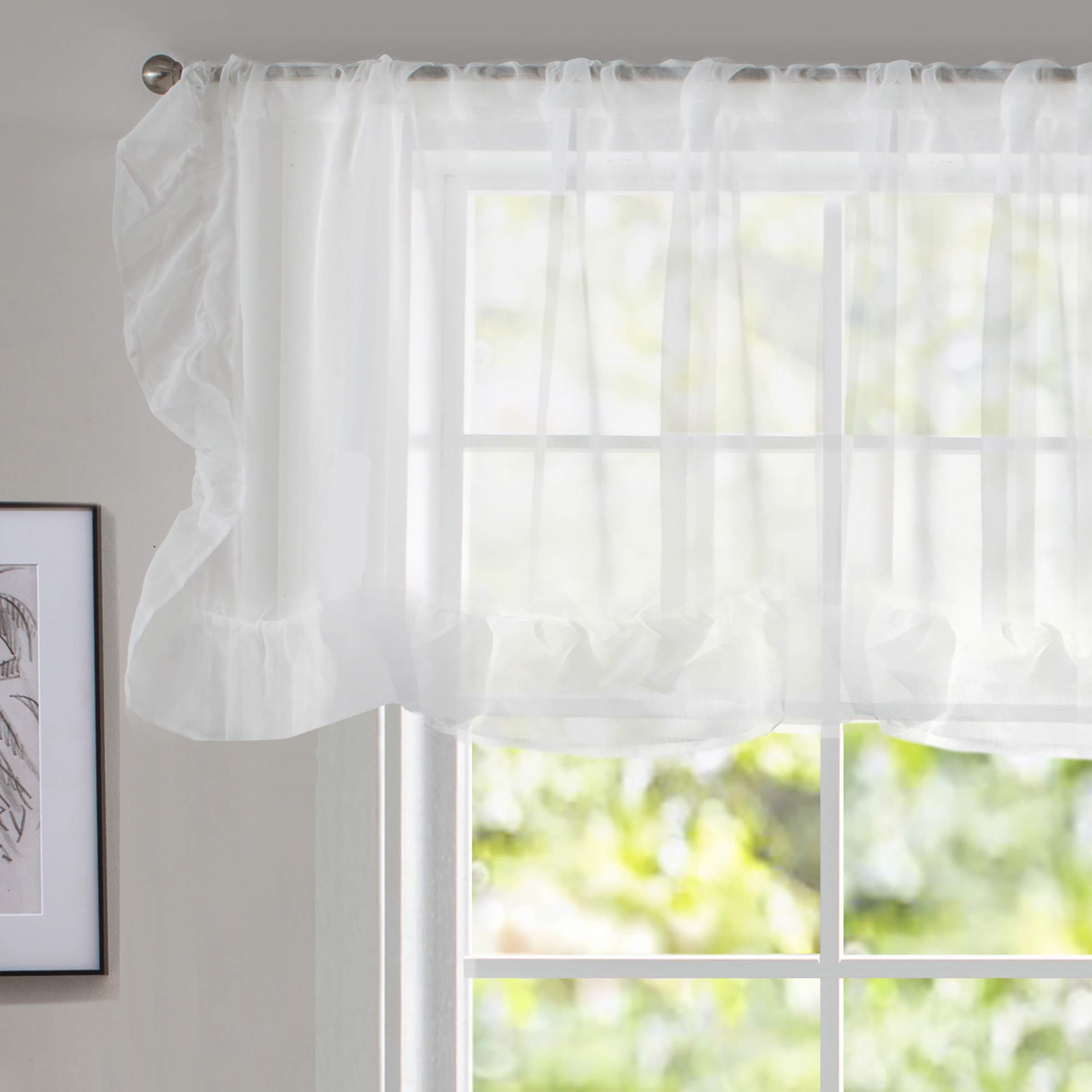 DriftAway Sophie Sheer Ruffle Edge Window Curtain Valance Rod Pocket Single 52 Inch by 18 Inch Off White