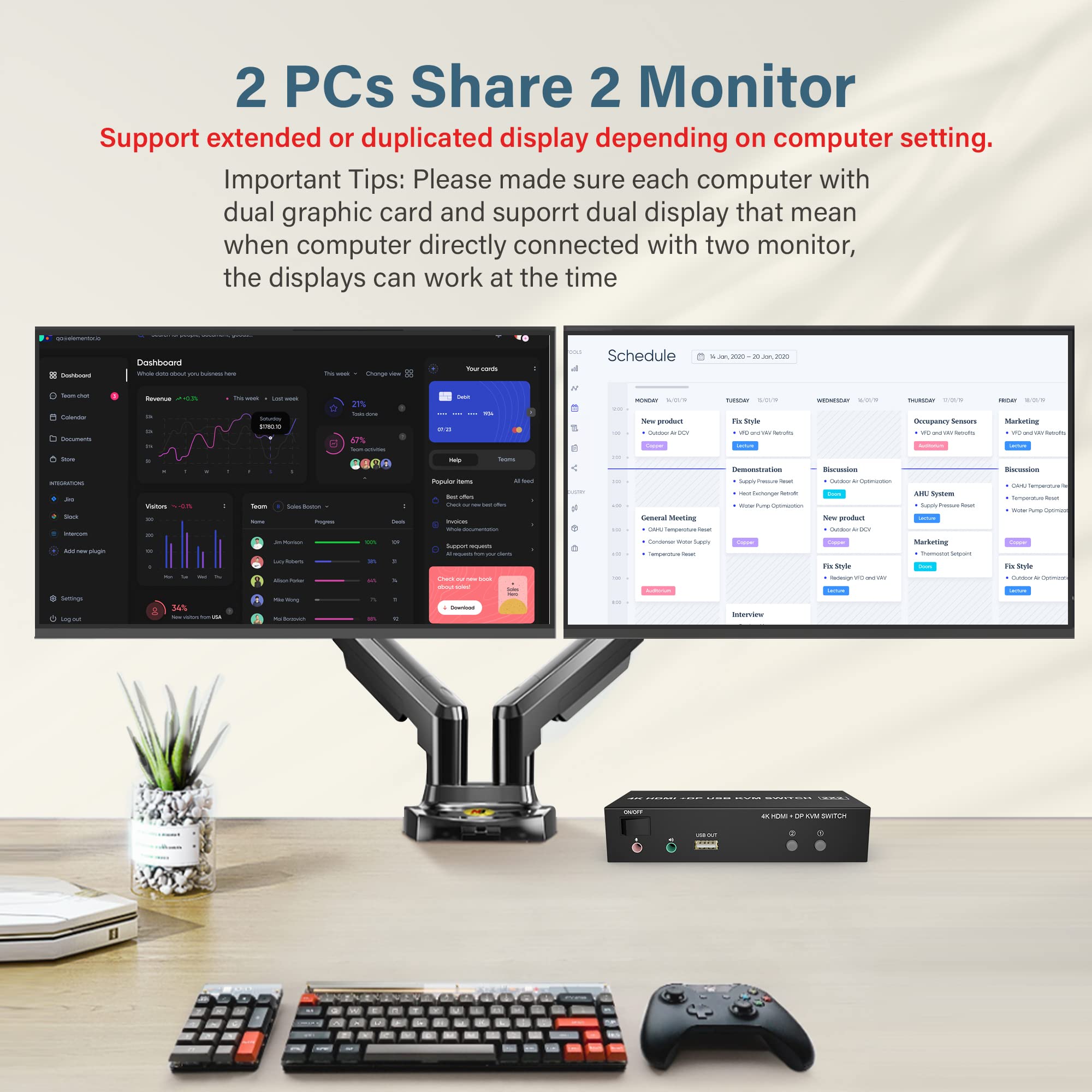 DisplayPort HDMI Dual Monitor KVM Switch 4K@60Hz 2 in 2 Out Displayport and HDMI KVM Switch 2 Computers Share 2 Monitors and one Set of Keyboard, Mouse, 2xUSB Cables and 1xController