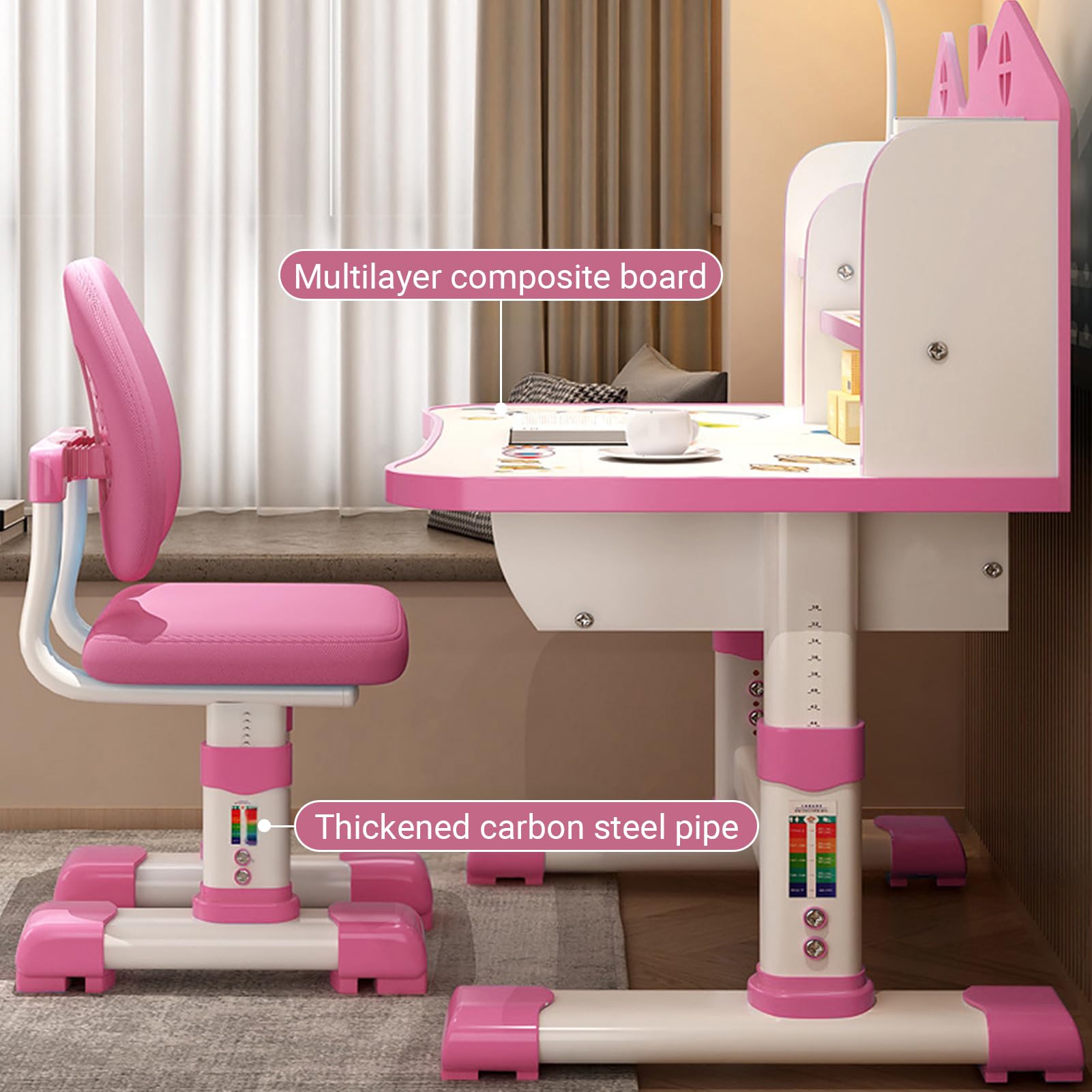 Kids Desk Chair Girls Pink Desk and Chair Set, Adjustable Height Children Study Table with Drawer, Separated Storage, Pedal, Widened Desktop Student Writing Desk for Bedroom Reading (Pink1)