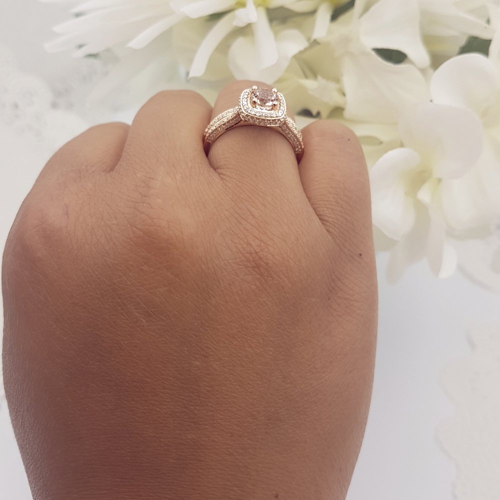 Dazzlingrock Collection 14K Round Morganite & White Diamond Bridal Split Shank Halo Engagement Ring Set, Rose Gold, Size 7