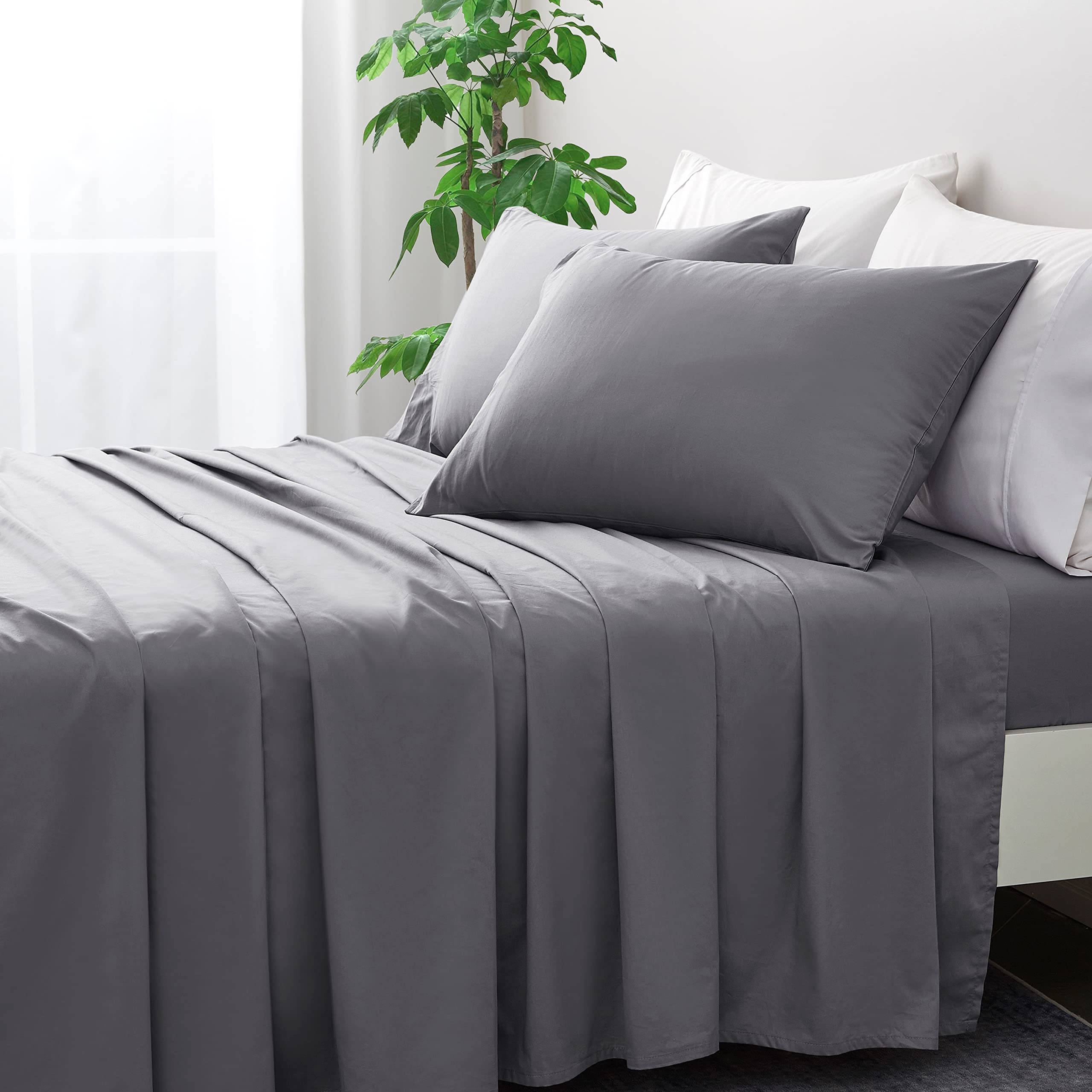 Entisn 4pcs 600 Thread Count 100% Cotton Sheets for Queen Size Bed, Grey Bedding Sheets & Pillowcases, Hotel Luxury Bed Sheet with Elasticized 16" Deep Pocket, Ultra-Soft & Silky Sateen Weave