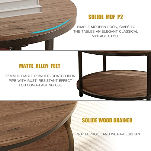 NSdirect 36” Round Coffee Table, Rustic Wooden Surface Top & Sturdy Metal Legs Industrial Sofa Table for Living Room Modern Design Home Furniture with Storage Open Shelf (Dark Walunt)