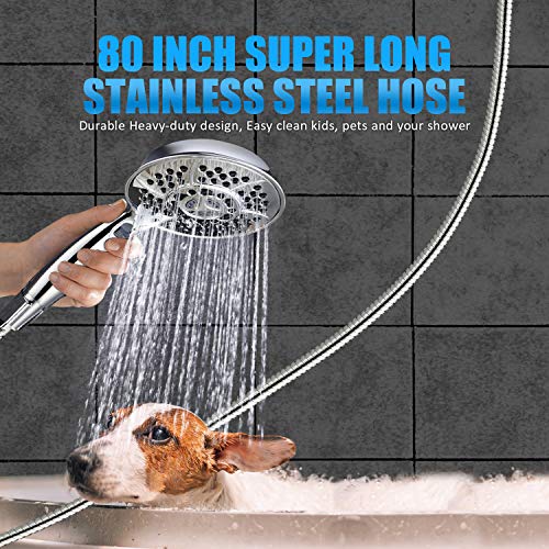 Handheld Shower Head, WASSERN 5.2'' High Pressure 6 Setting 81 Jets Rainfall Massage Water Saving Trickle Pause Extra Long 80'' Stainless Steel Hose Angle Adjustable Brass Ball Joint Bracket Chrome