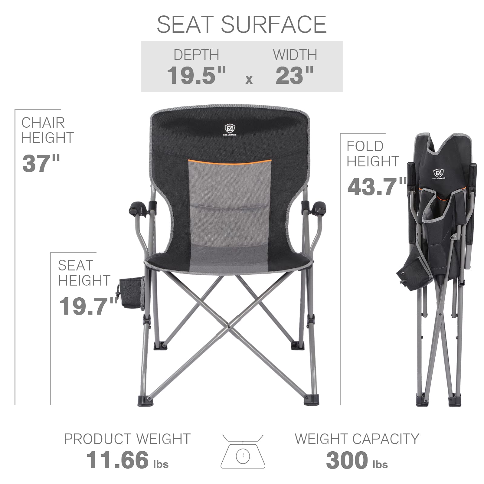 EVER ADVANCED Folding Camping Chair with Cup Holder Quad Padded Arm, Outside Portable Collapsible Steel Frame Oversized Heavy Duty Supports 300 lbs