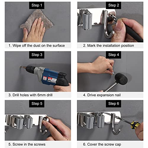 GDTOOLMMY Broom Holder Wall Mount, Stainless Steel Mop Holder Self Adhesive Durable Heavy Duty Broom Hanger Storage Rack for Home, Kitchen, Garden and Garage 5 Rack 4 Hooks(2pack)