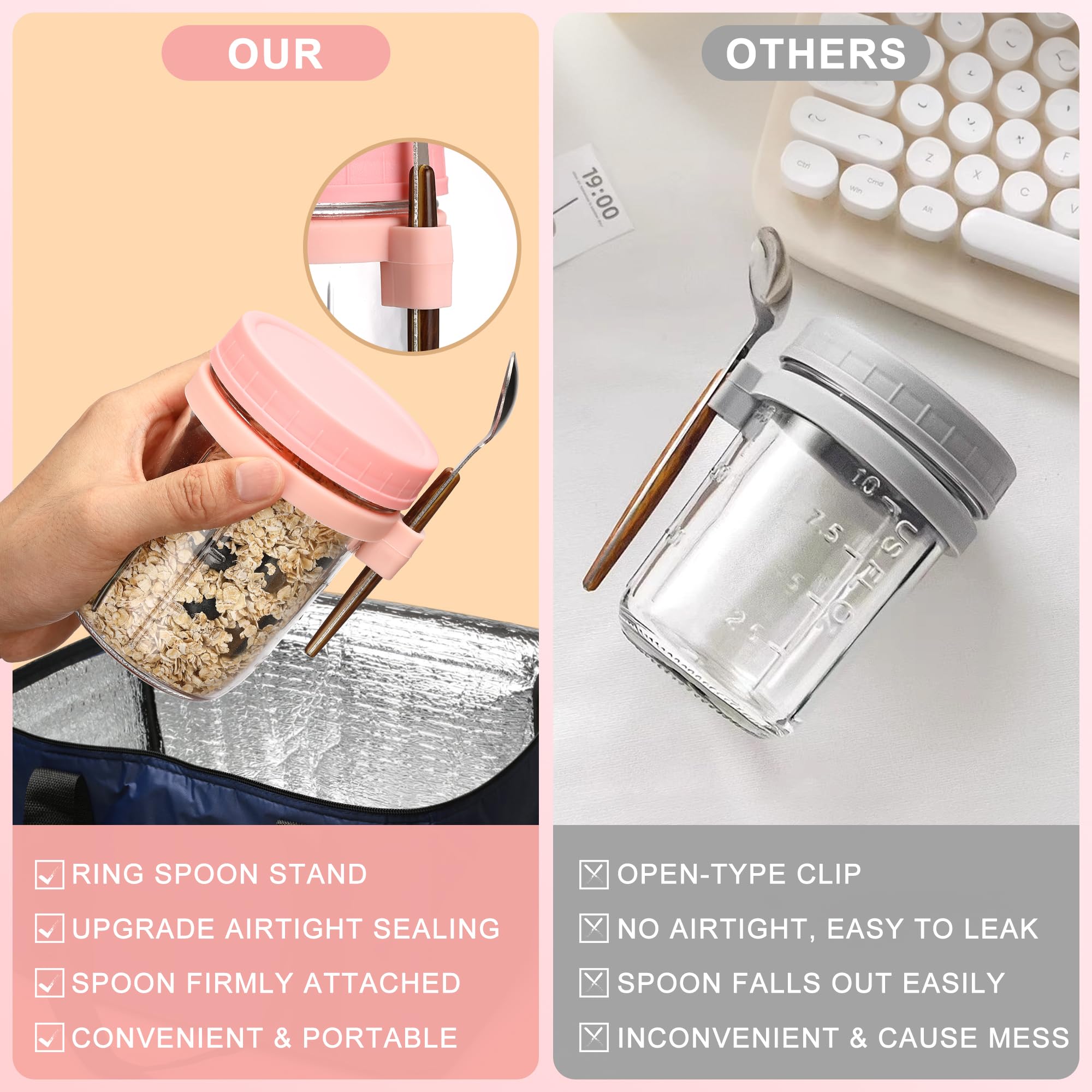 KAIZHOUZHOU 16oz Glass Mason Overnight Oats Jars, Cereal, Yogurt, Salad Lunch,Glass Overnight Oats Containers with Lids and Spoon, Container with Measurement Marks -(Grey&Pink-2Pcs)
