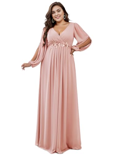 Ever-Pretty Plus Women's Maxi Deep V Neck Long Sleeves Formal Evening Dress Plus Size Pink US14