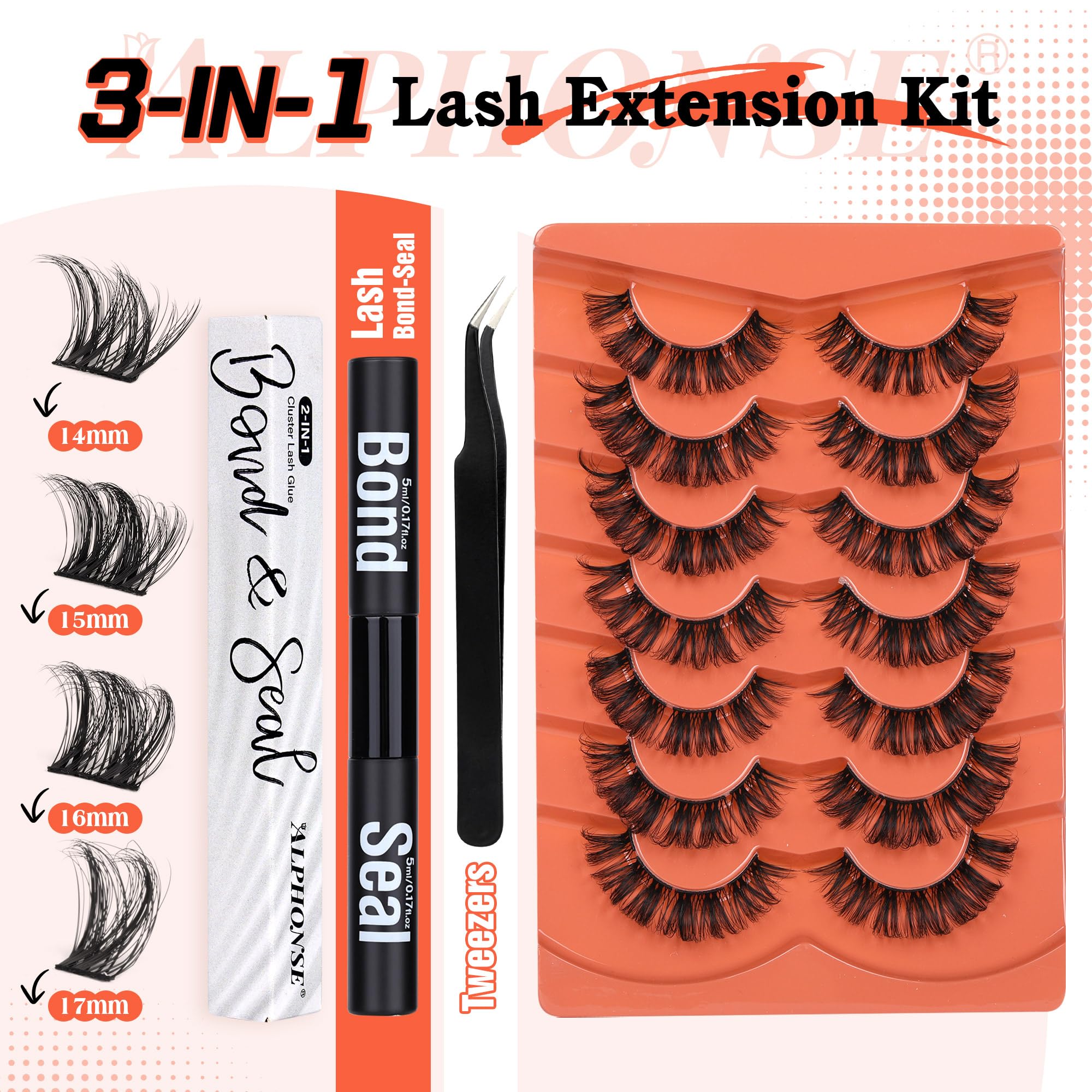DIY Lash Extension Kit, D Curl Eyelash Extension kit with Lash Bond and Seal and Lash Applicator Tweezers, ALPHONSE Individual Cluster Lashes Kit for DIY Eyelash Extensions at Home