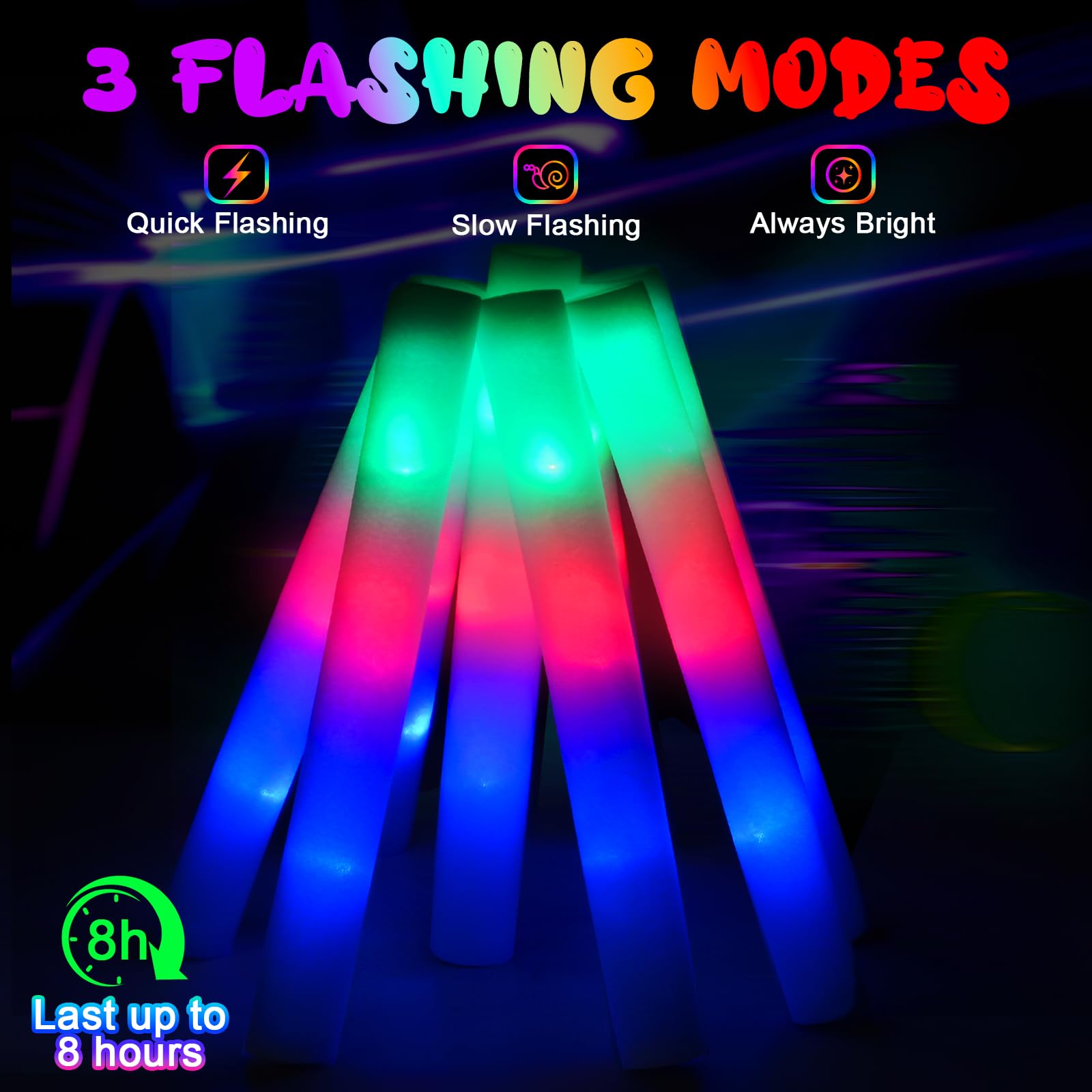 HONLYNE46 PCS Foam Glow Sticks with 3 Modes Colorful Flashing, Foam Light Up Sticks, LED Light Sticks, Glow Sticks Party Pack for New Year, Wedding, Raves, Concert, Christmas