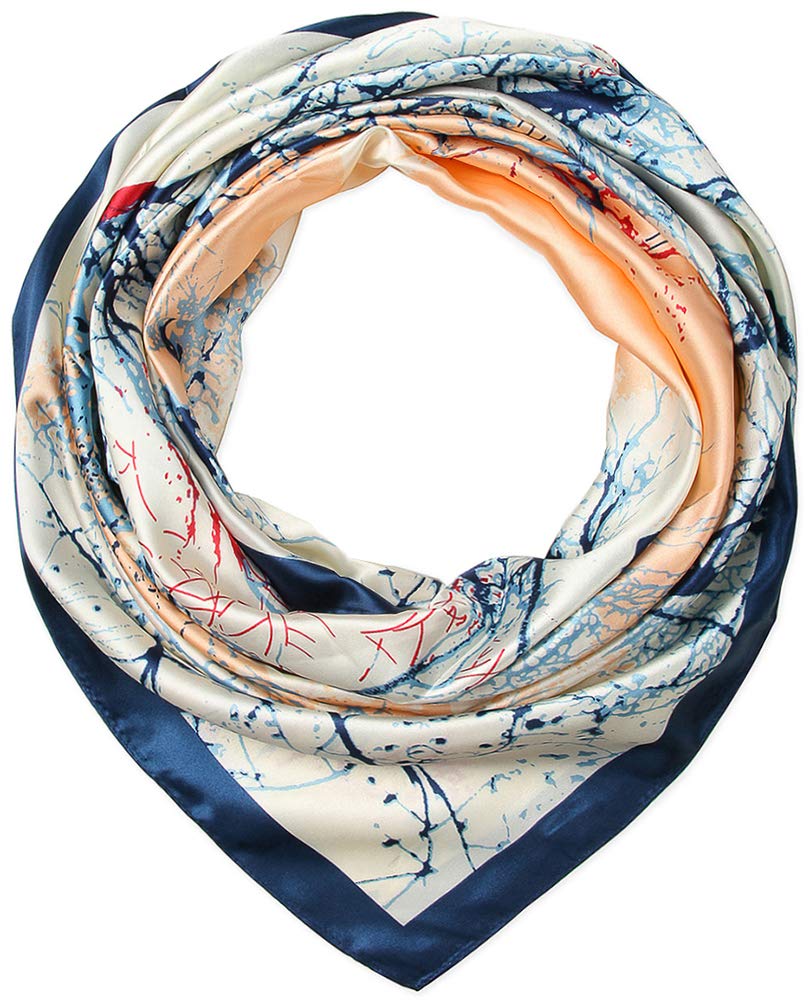 corciova 35 x 35 Large Bandana Women Satin Tie Square Headband Silk Like Hair Scarf Wrap Headscarf Prussian Blue Beige Trees
