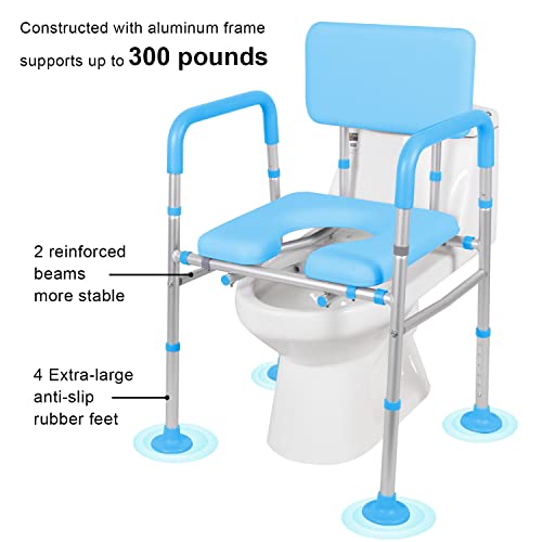 Famard 3-in-1 Raised Toilet Seat with Handles, Handicap Toilet Seat Risers with Soft Back and Padded Seat, Width and Height Adjustable Elevated Toilet Seat for Elderly, Pregnant,Disabled