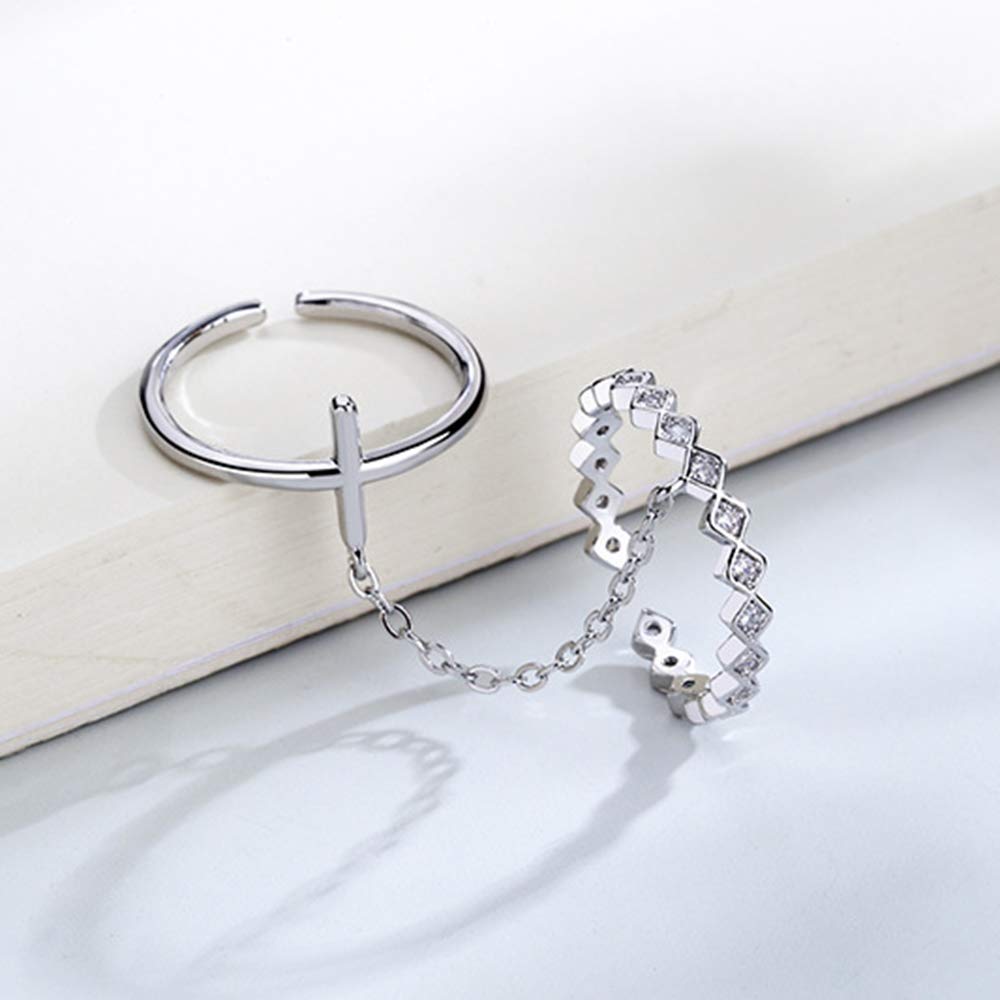 Double Open Cross Faith Rings for Women Silver Plated CZ Geometric Chain Unique knuckle Stacking Finger Adjustable Statement Engagement Ring Gifts for Her Bff Xmas