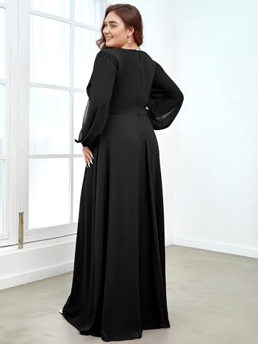 Ever-Pretty Plus Women's Plus Size A-line Floor-Length Long Sleeves V Neck Formal Party Dress Black US20
