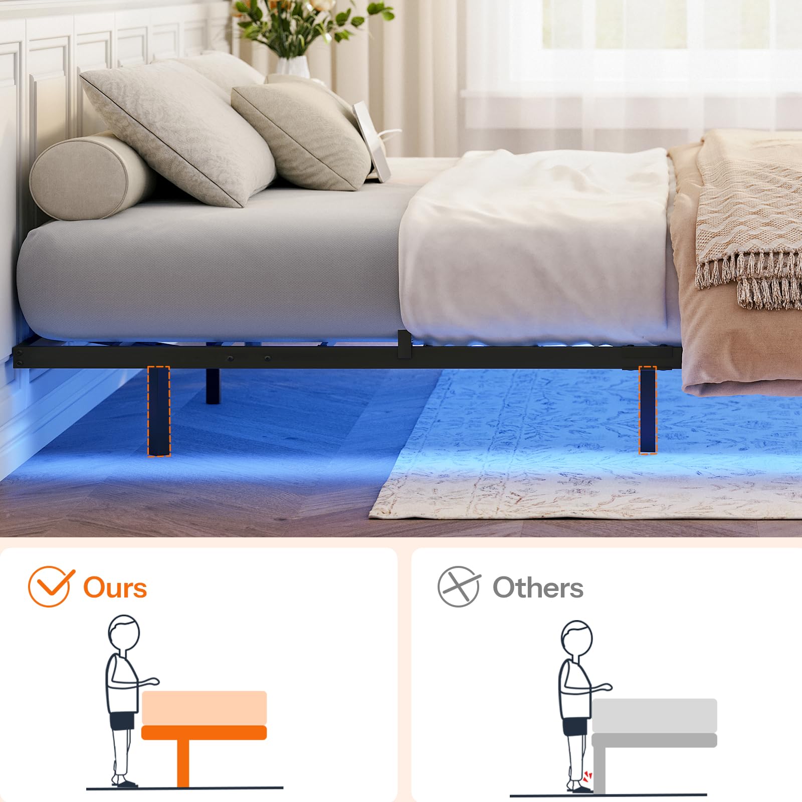 HOOBRO Floating Bed Frame King Size, Bed Frame with Charging Station and LED Lights, Industrial Style Metal Platform King Bed, Soundless, No Box Springs Needed, Black