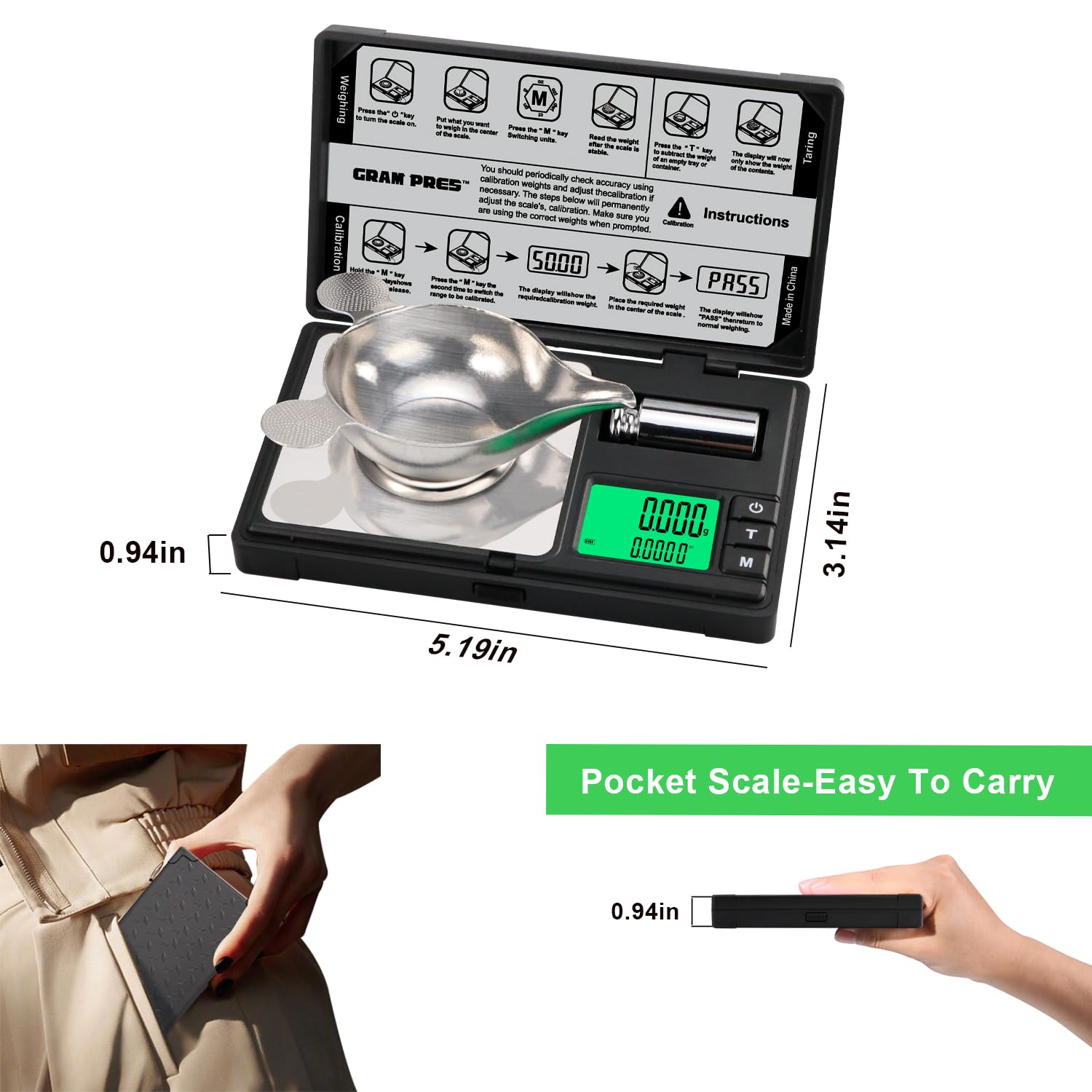 GRAM PRES High Precision Milligram Scale,50g/0.001g Digital Mini Pocket Gram Scale,Mg Scale for Weighing Powders,Jewelry, Medicine, Gem, Reloading, with Cal Weight, Tweezer ,Tray and Scoop