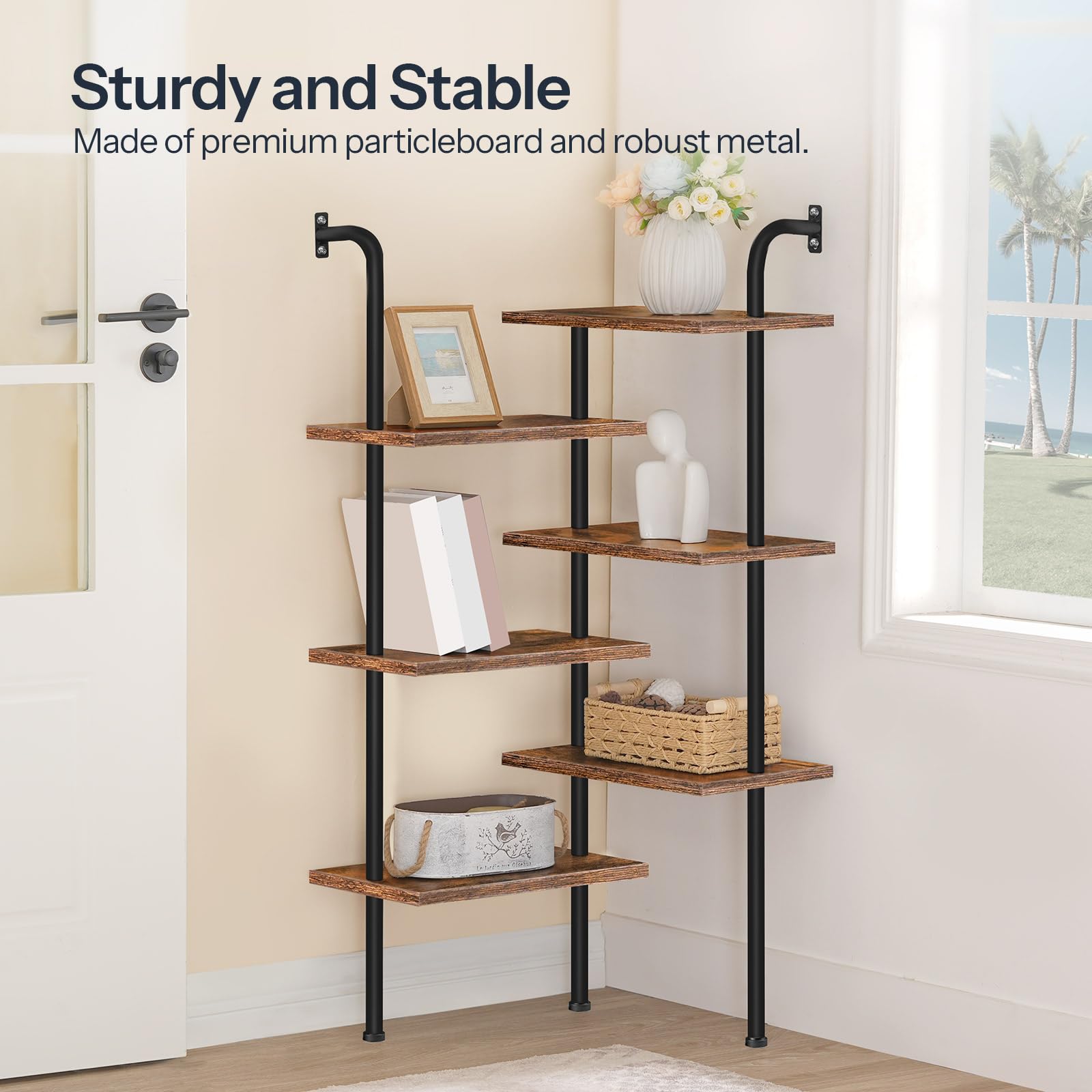 HOOBRO L-Shaped Ladder Shelf, 6-Tier Corner Bookshelf, Corner Wall Mount Bookcase, Display Shelf for Small Spaces, Anti-Tip Design, for Living Room, Balcony, Study, Rustic Brown and Black BF76CJ01