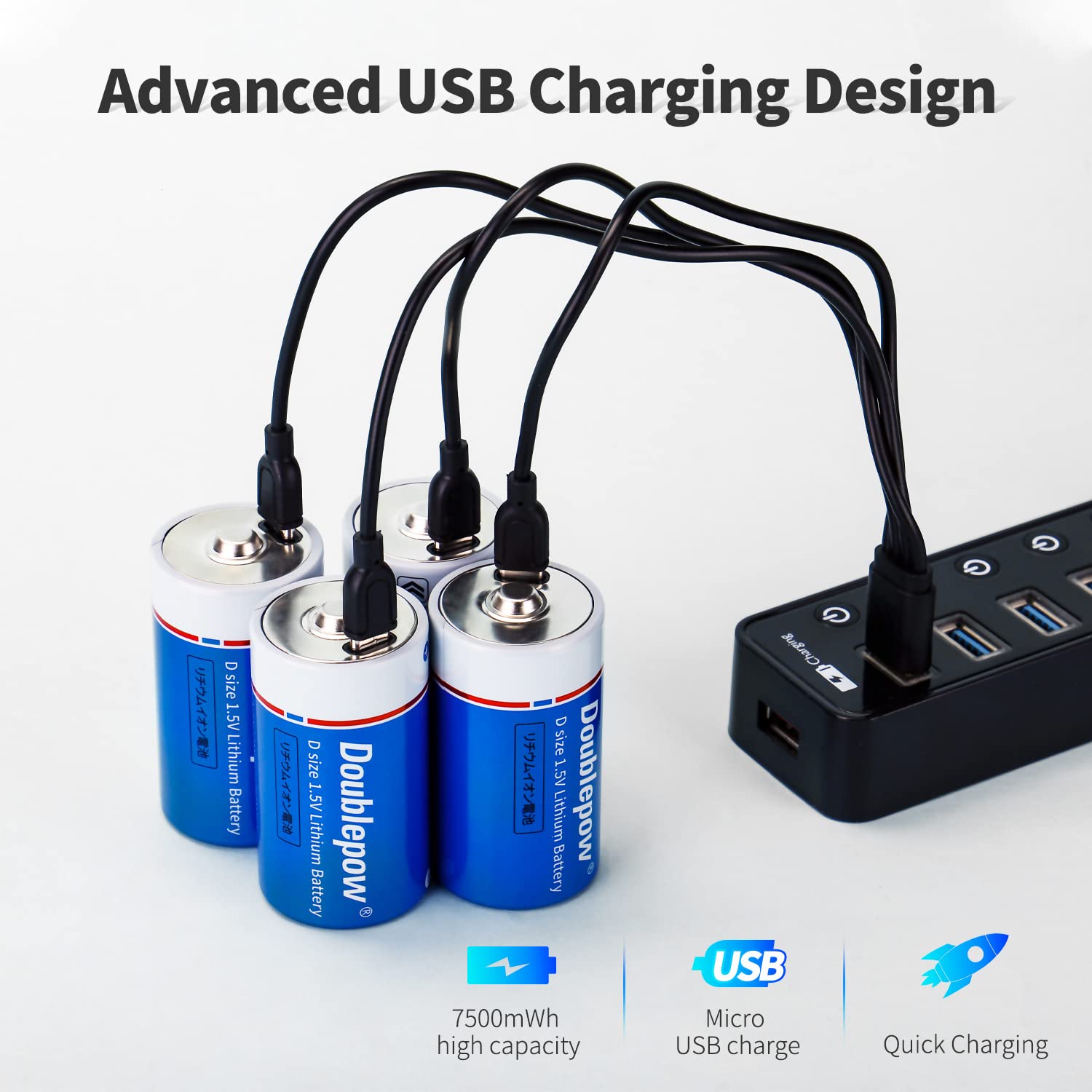 Doublepow Rechargeable D Batteries,Lithium D Batteries with USB-C Port,7500mWh 1.5V D Li-ion Cell Battery,Lr20 D Size Battery,D Battery for Flashlight/Floodlight, 4 Pack