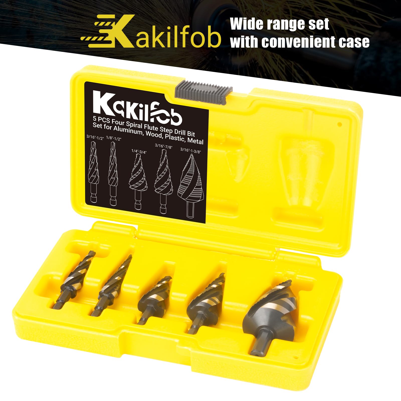 KAKILFOB Four Spiral Flute Step Drill Bit Set, 5 Pieces 1/8"-1-3/8" HSS Unibit Step Drill Bit, 1/4" and 3/8" Shank Step Bits for Metal, Aluminum, Wood, Plastic
