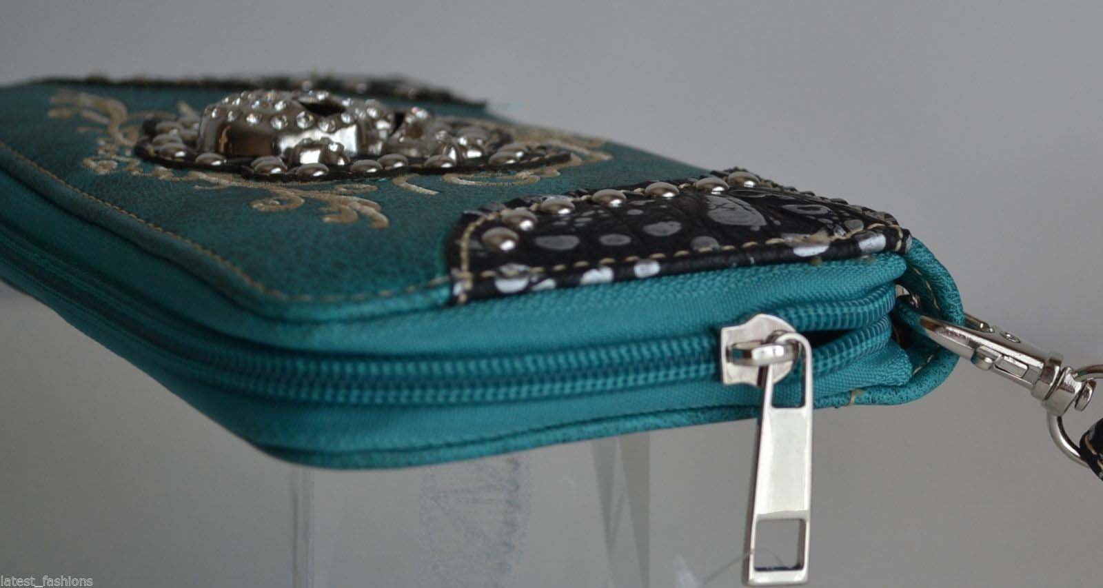 western rhinestone skull concho stitched handbag purse set (blue)
