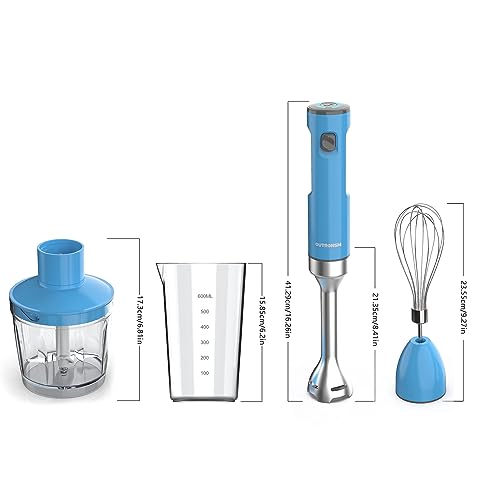 Cordless Hand Blender, OUTRONSM Immersion Blender Rechargeable, with Charging Cable, 500ml Chopper, 600ml container, Egg Whisk, for Smoothies, Milkshakes, Baby Food and Soups β Blue