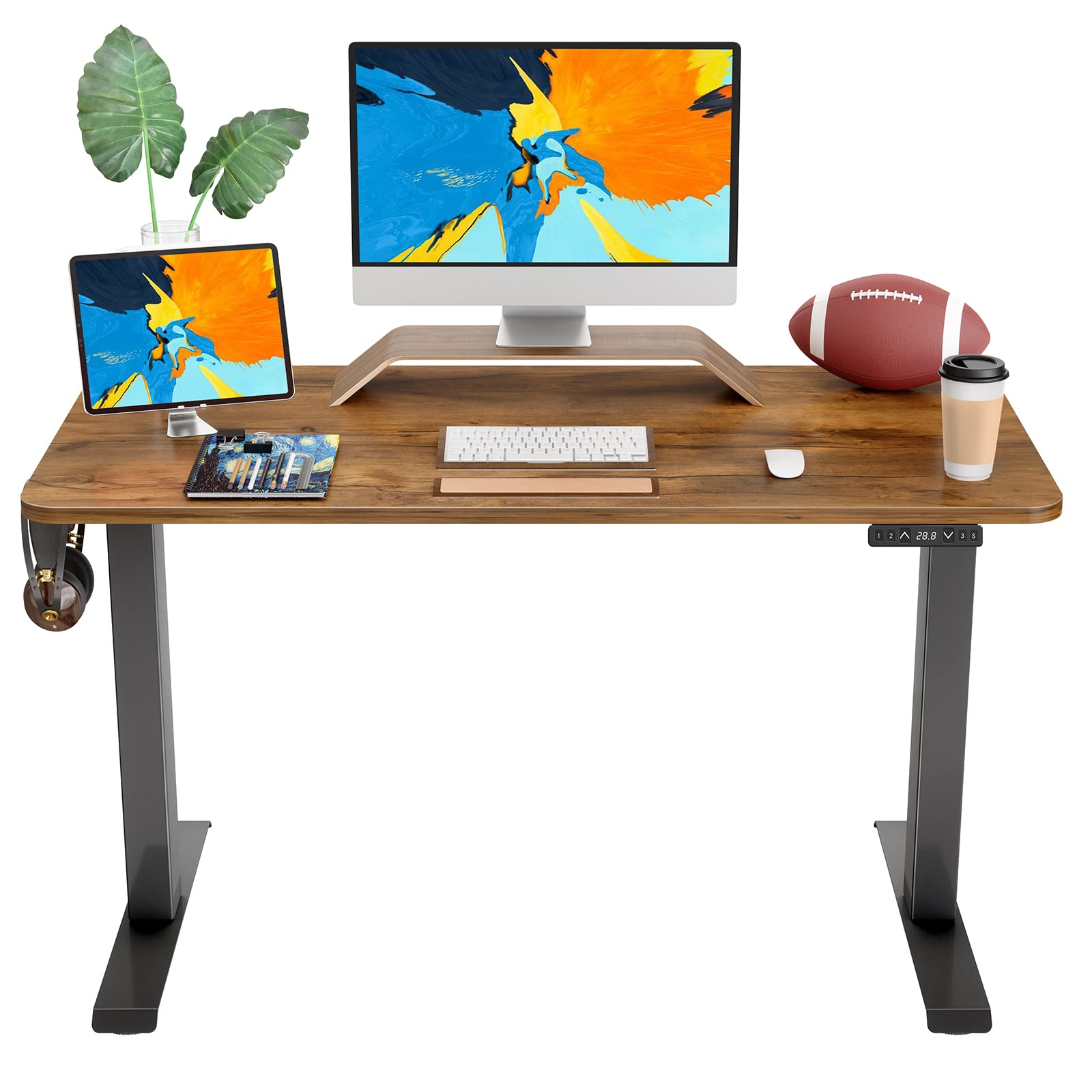 FAMISKY Dual Motor Adjustable Height Electric Standing Desk, 48 x 24 Inches Stand Up Home Office Desk with Splice Tabletop, Black Frame/Walnut Top