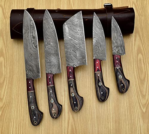 Hand Forged Chef Knives Kitchen Set Damascus Steel Knives Handmade Knife Set,Professional Chef Knives Set Vegetable Meat Cooking Knife Tools Accessories with Beige Solid Wood Handle,5 Pieces Set Knife