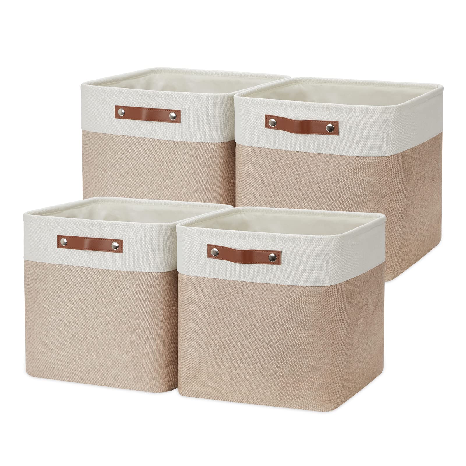 DULLEMELO Collapsible Bundle Baskets 2 Narrow Baskets 15"x6"x5.5" + 4 Cube Baskets 13"x13"x13"(White&Khaki)