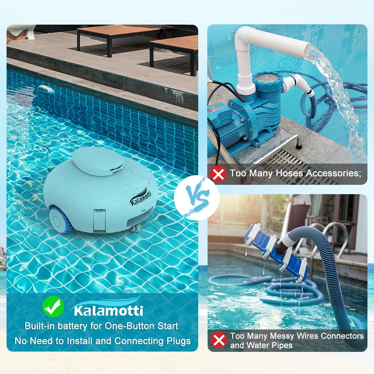 Cordless Robotic Pool Cleaner - Pool Vacuum for above Ground Pools Powerful Suction Rechargeable Battery, Lasts 140 Mins, Built-in Water Sensor Technology for Pool Surface Up to 630 Sq.Ft