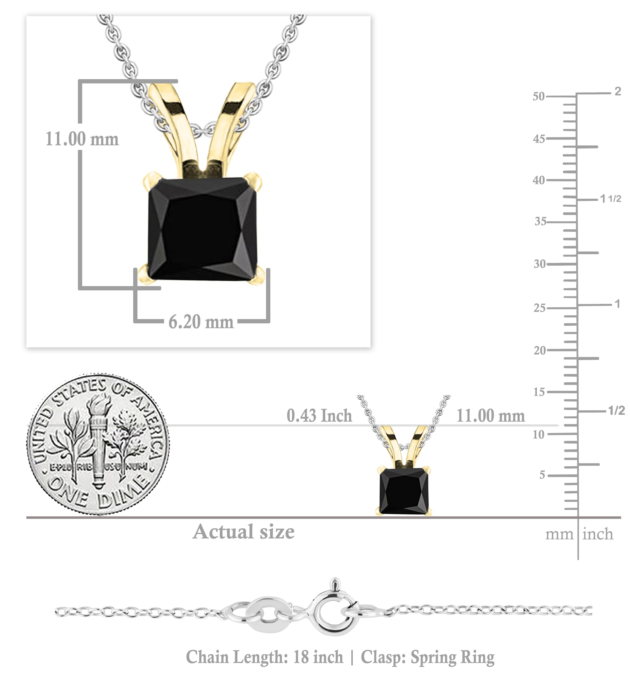 Dazzlingrock Collection 1.00 Carat (ctw) Princess Black Diamond Solitaire Pendant With 18 Inch Chain With Silver Chain 1 CT, 14K Yellow Gold