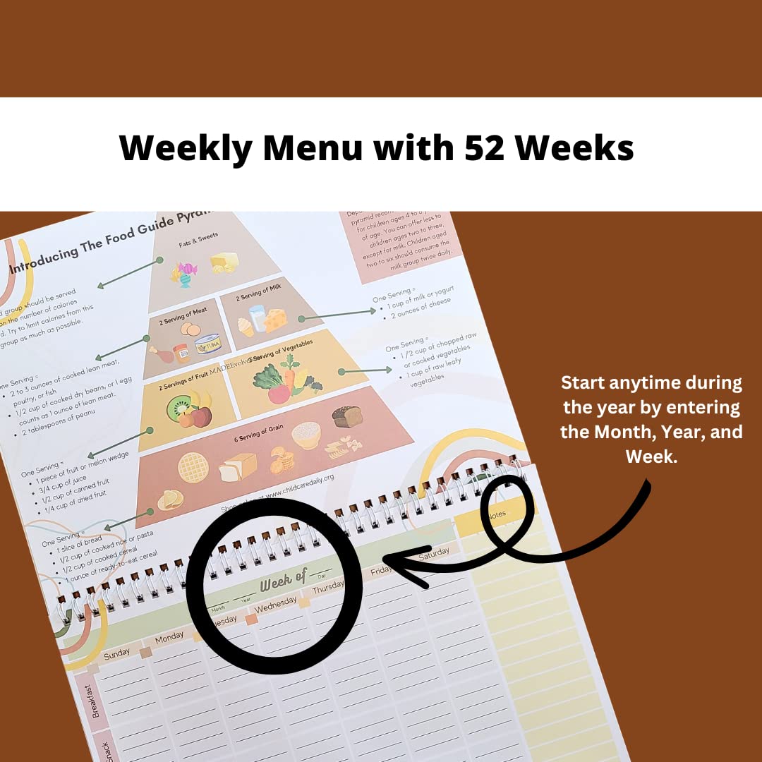 Daycare Weekly Meal Planner | 52-Weeks Wall Calendar | Track 5 Meals each Day | 11" x 8.5"