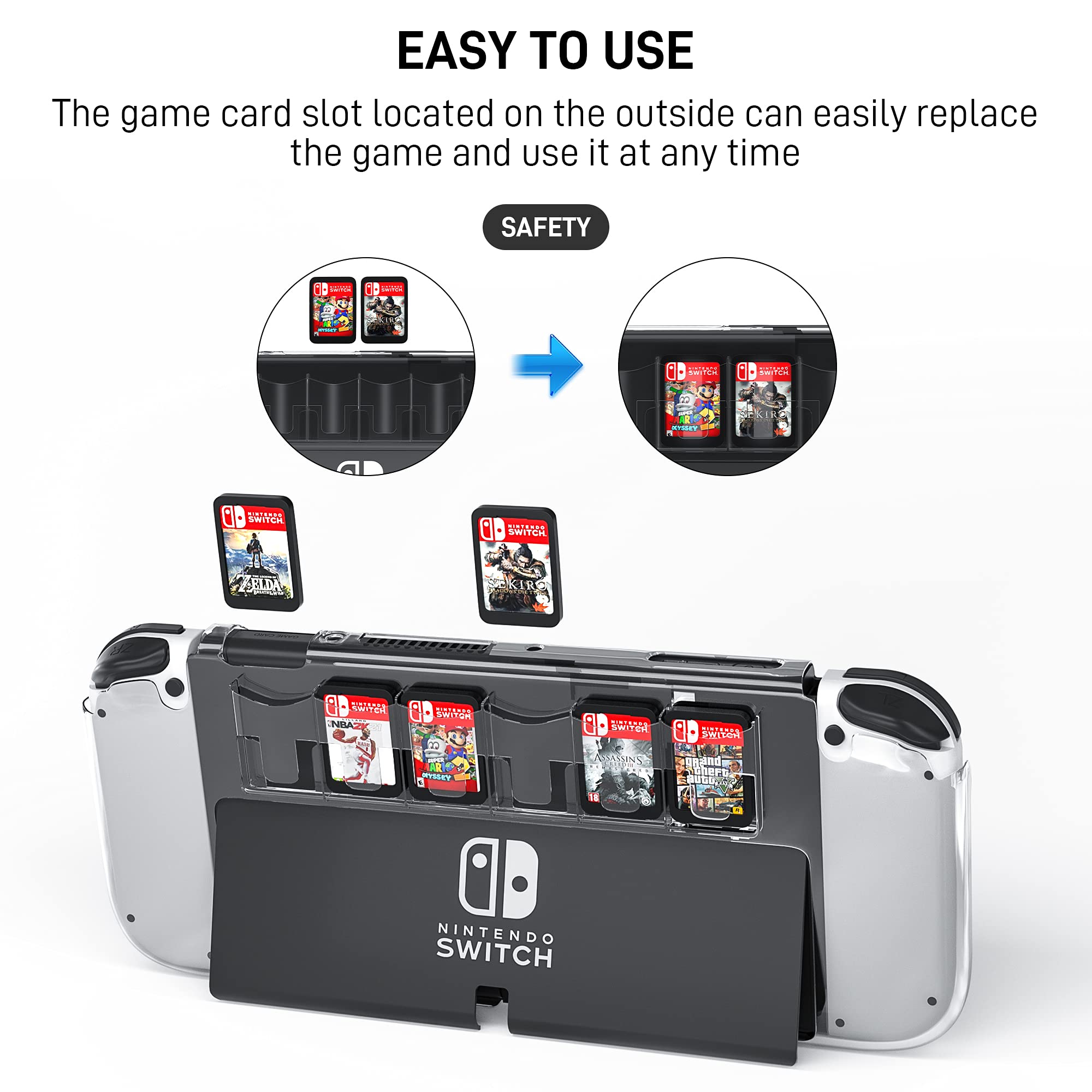 FANPL Clear Protective Case for Nintendo Switch OLED Model, Hard Case Cover with Game Card Storage, Carry Convenient, Transparent Shell Includes 1 Screen Protector, 10 Silicone Thumb Grip Caps