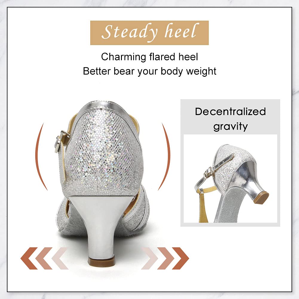 DKZSYIM Glitter Women Latin Dance Shoes Closed Toe Ballroom Salsa Tango Practice Performence Party Dancing Shoes,511-Silver-5,US 9