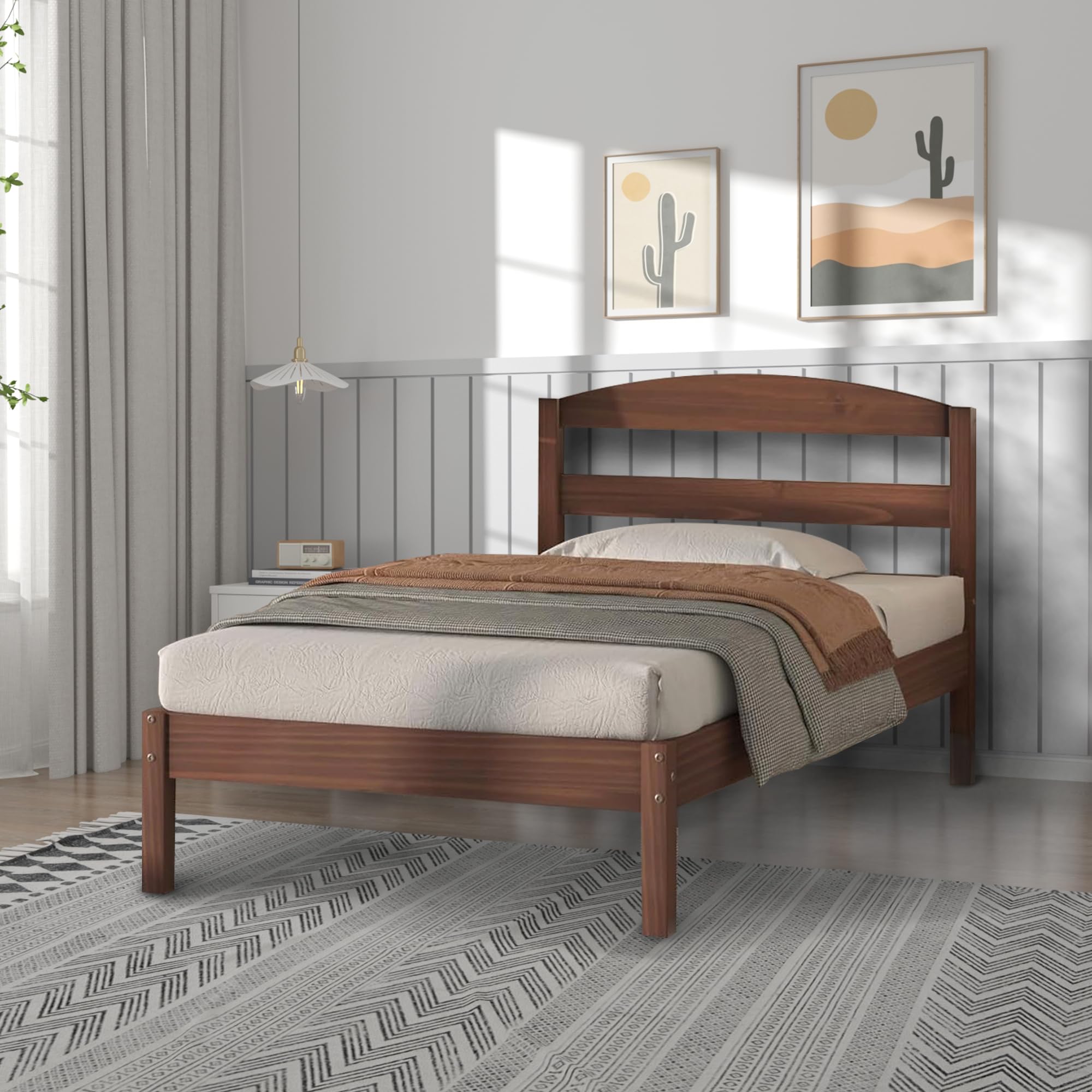KYLE & KAY Twin Bed Frame with Wooden Headboard, Solid Pine Platform Bed with Wood Slat Support, Farmhouse Bed for Bedroom, Guest Room, No Box Spring Needed, Easy Assembly, Mahogany
