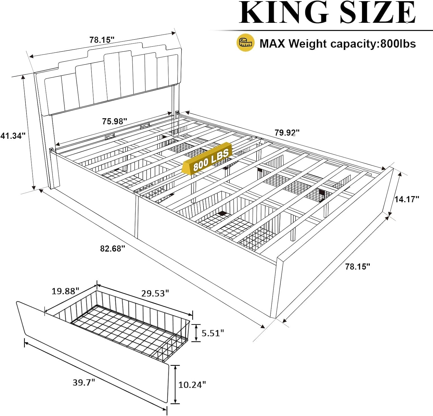 Kallabe King Size Bed Frame with 4 Storage Drawers, Upholstered Platform Bed with LED Light and Adjustable Headboard, Wooden Slats Support, No Box Spring Needed, Light Luxury Design,Dark Green