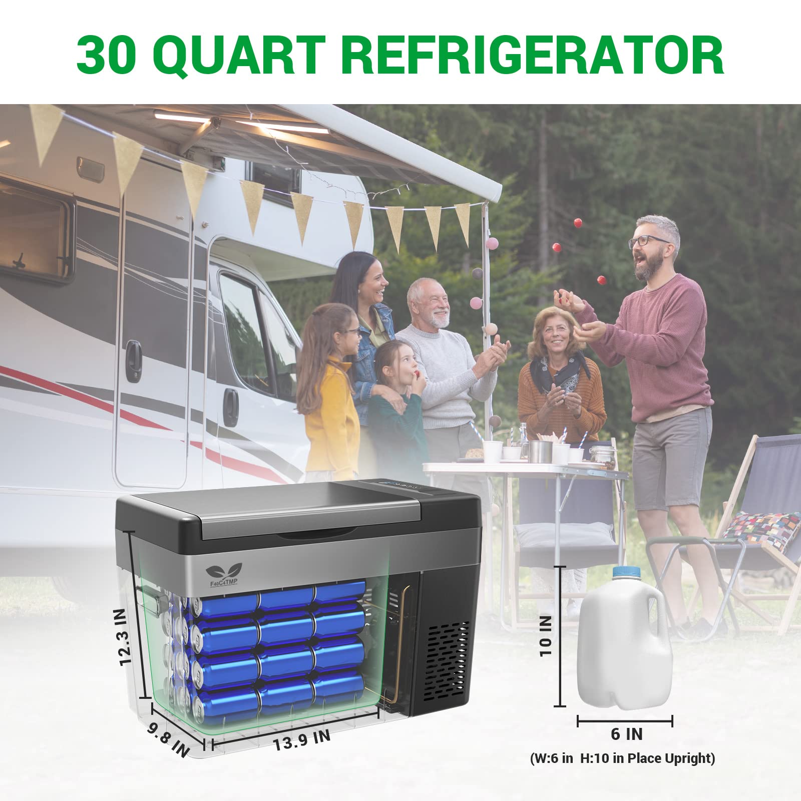 F40C4TMP Portable Refrigerator, 30 Quart (28L) 12 Volt Freezer, (-7.6℉~50℉) Compressor Fridge For Car with 12/24V DC & 110V AC, Suitable For Van, Truck, Vehicles, RV, Road Trip, Camping, Outdoor, Home