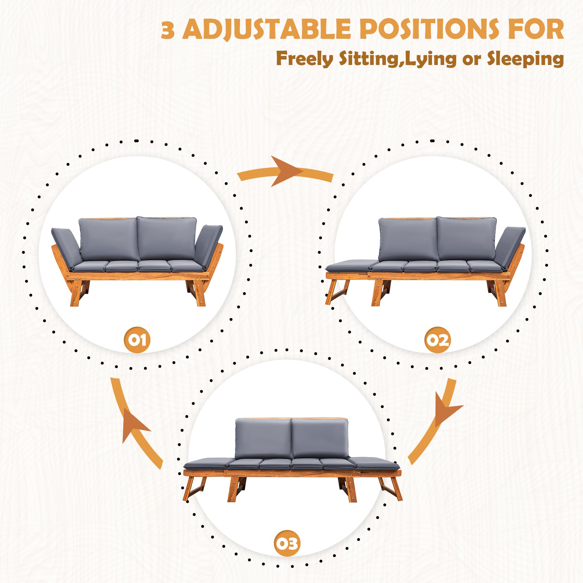 Greesum Patio Convertible Couch Sofa Bed with Adjustable Armrest, Acacia Wood Outdoor Daybed with Cushion & Pillow, Folding Chaise Lounge Bench for Porch Courtyard Poolside,Gray