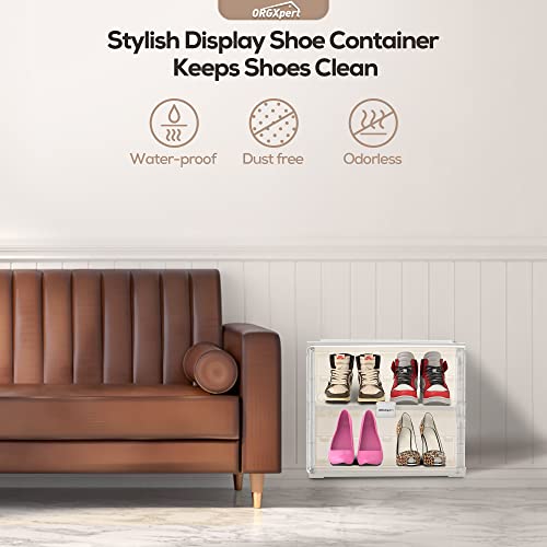 ORGXpert Stackable Drop Front Shoe Storage Organizer, Reusability Stylish Clear Plastic Shoe Box, Sturdy XLarge Shoe Display Container with Lids, Fits up to Size 12 Sneakers High Tops, 2 Layer