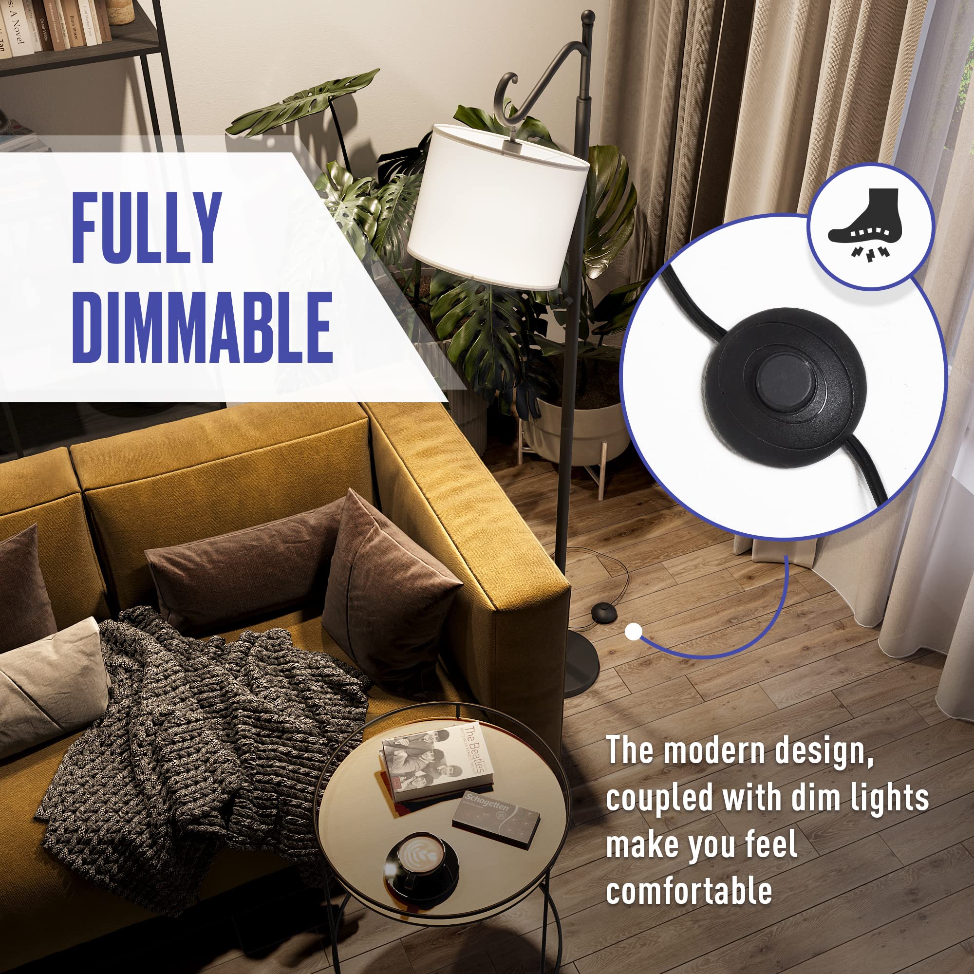 Dimmable Arc Floor Lamp - Standing Lamp with Dimmer for Living Room, Bedroom, Office - Black Arched Tall Lamp with Beige Linen Shade (LED Bulb Included)